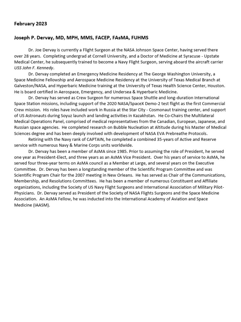 Dr. Joe Dervay: NASA Flight Surgeon Profile | PDF | Nasa | Astronauts