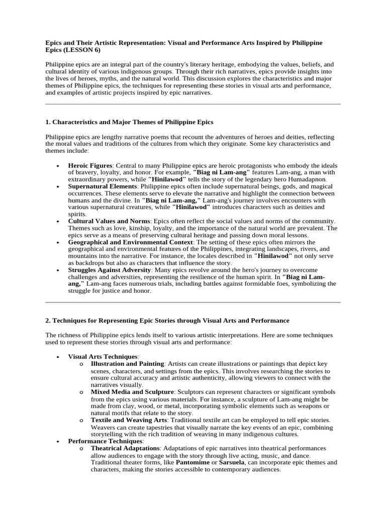 WEEK 6 Epics and Their Artistic Representation | PDF | Narrative | Poetry