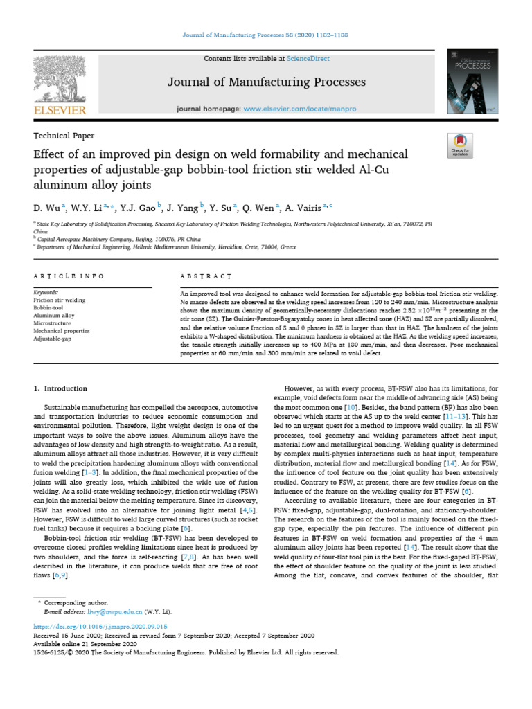 Journal of Manufacturing Processes: D. Wu, W.Y. Li, Y.J. Gao, J. Yang ...