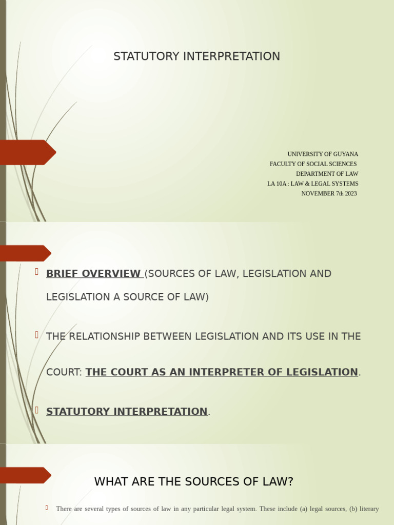 Sources of Law - Statutory Interpretation Lecture 2023 2024 | PDF | Statutory Interpretation ...