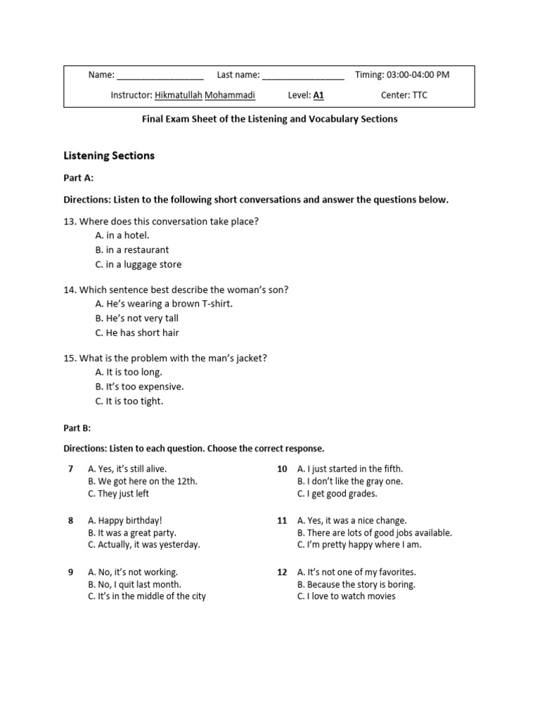 A1 Final 12 Year Listening Voc | PDF