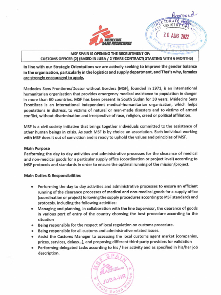 Customs Officer MSF Spain Juba | PDF