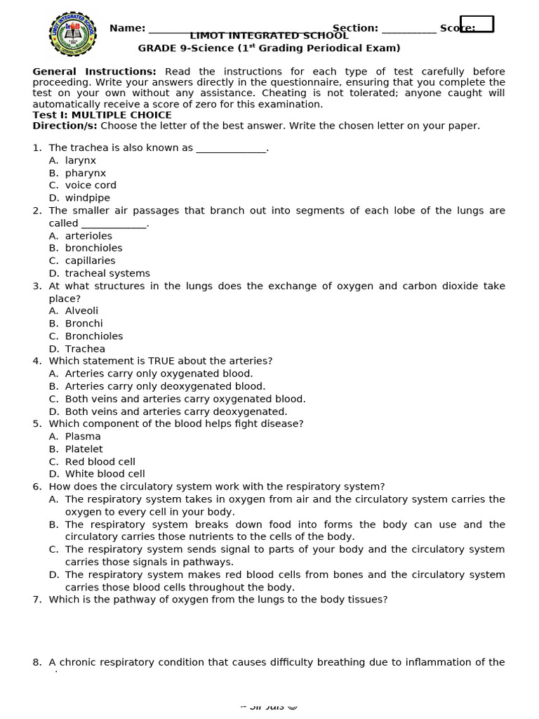 Exam Sci.9 1st Grading | PDF | Dominance (Genetics) | Respiratory System