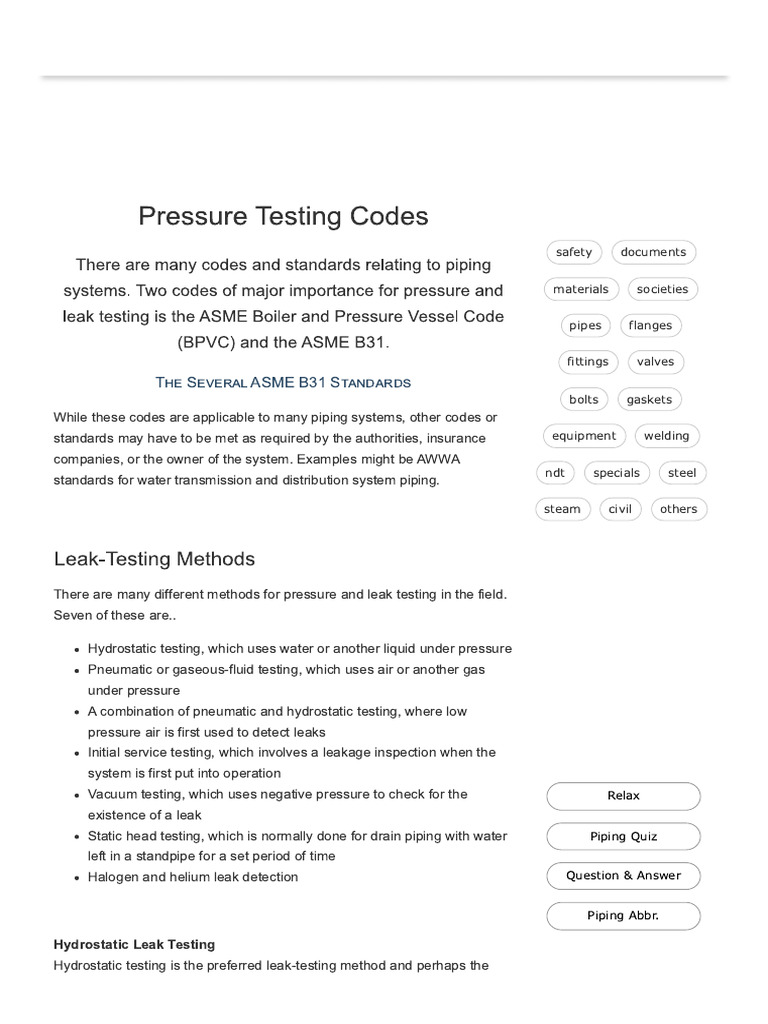 Pressure Testing - related codes | PDF