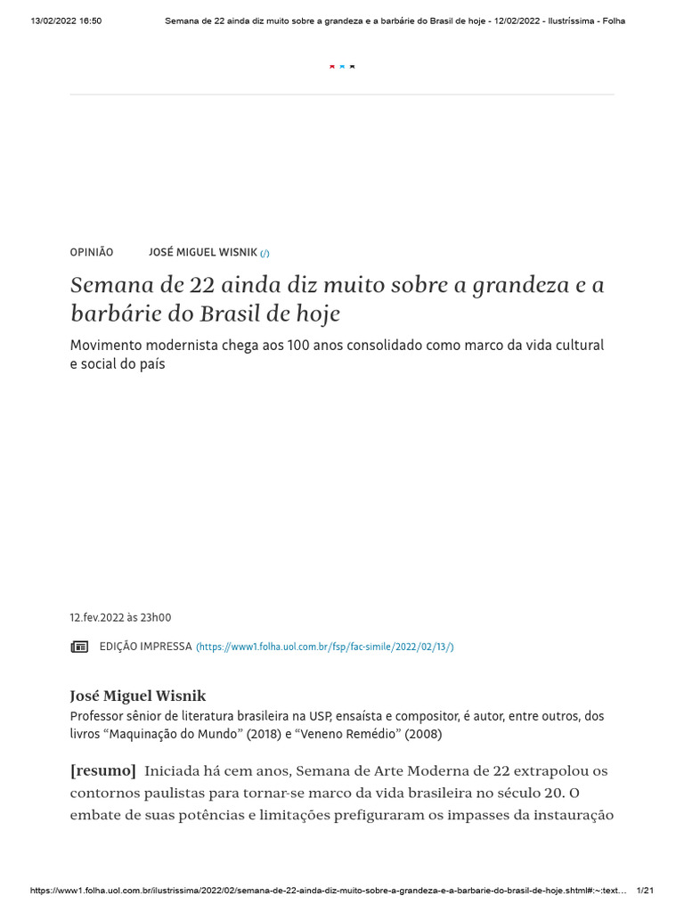 Semana de 22 Ainda Diz Muito Sobre A Grandeza e A Barbárie Do Brasil de ... Semana de 22 Ainda Diz Muito Sobre A Grandeza e A Barbárie Do Brasil de ...