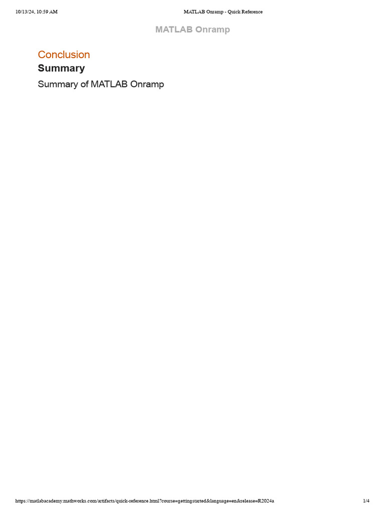 MATLAB Onramp Quick Reference | PDF | Matlab | Matrix (Mathematics)