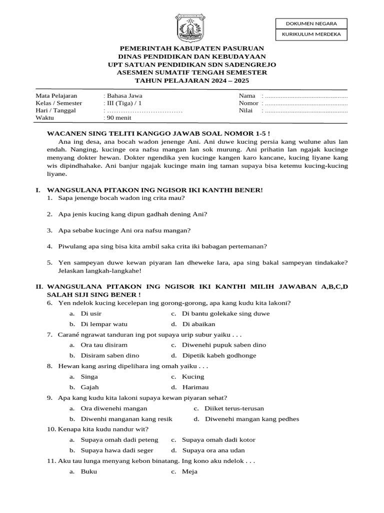 Soal STS B.Jawa Kls 3 S.1Kumer | PDF