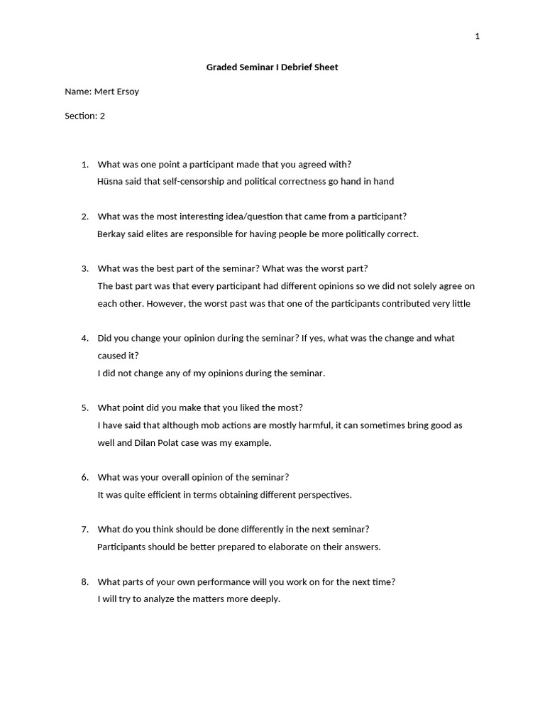 Seminar Debrief Sheet | PDF | Career & Growth