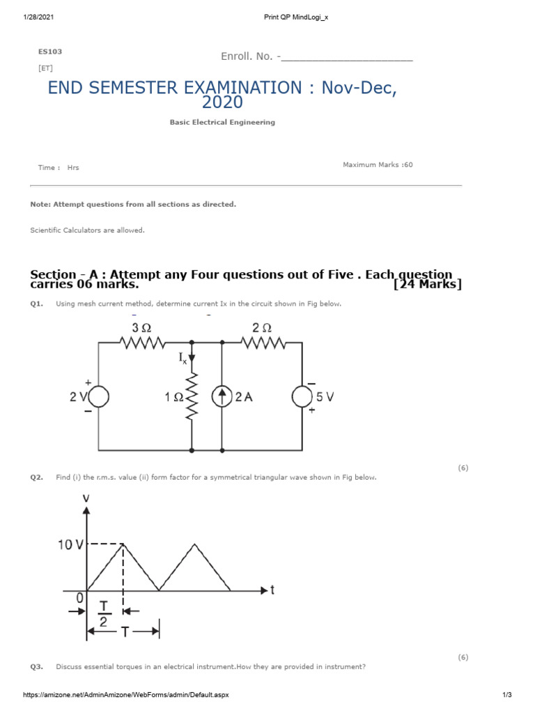 Basic Electrical Engineering Exam Paper | PDF | Metrology | Electrical ...