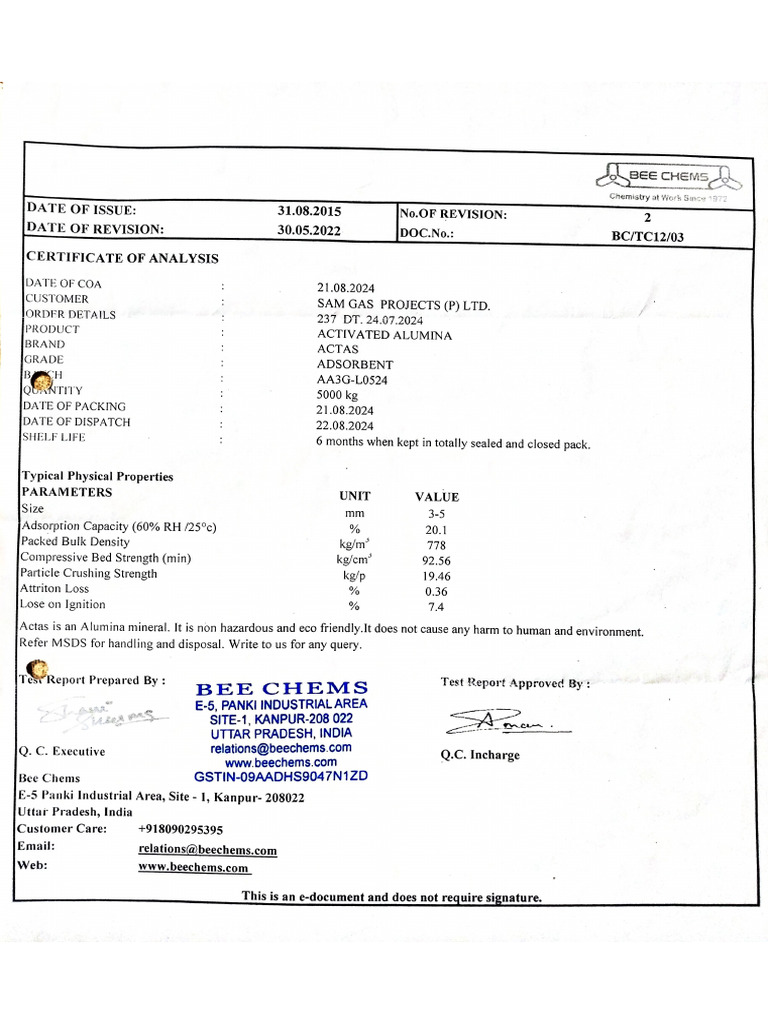 Bee Chem Activated Alumina TC | PDF