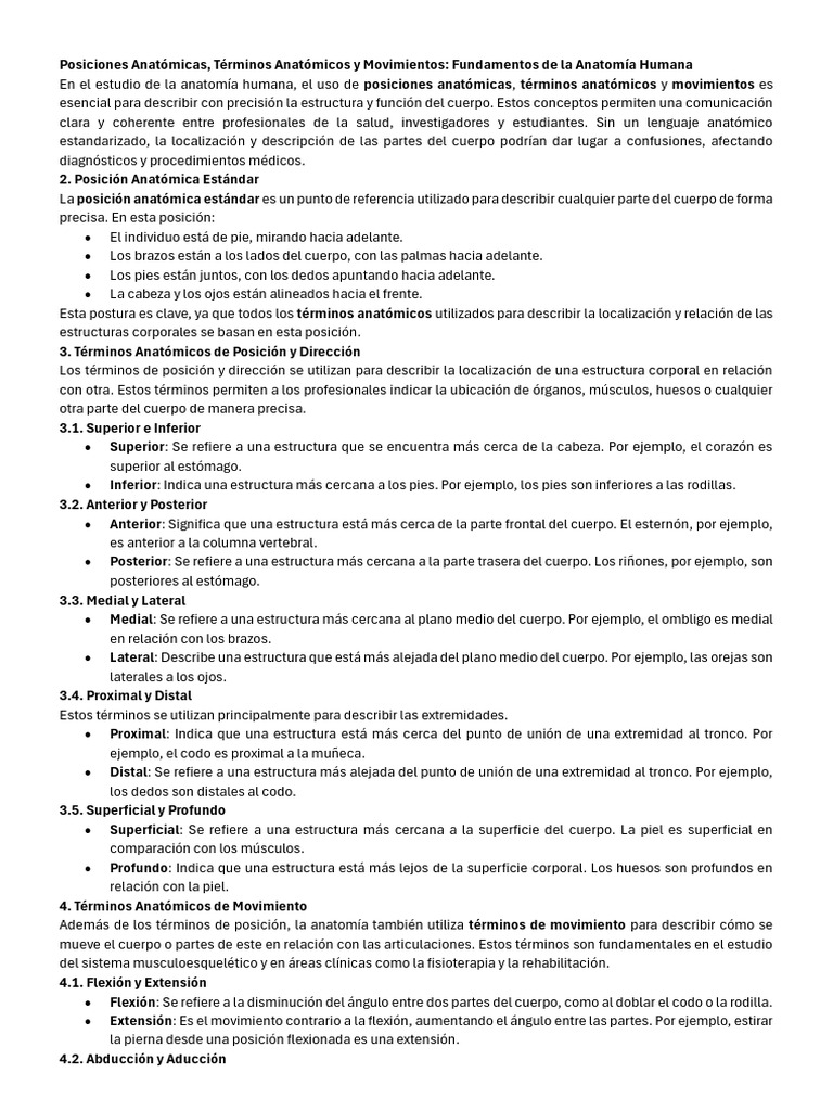 Planos Corporales, Términos de Posición y Movimiento 2024 | PDF ...