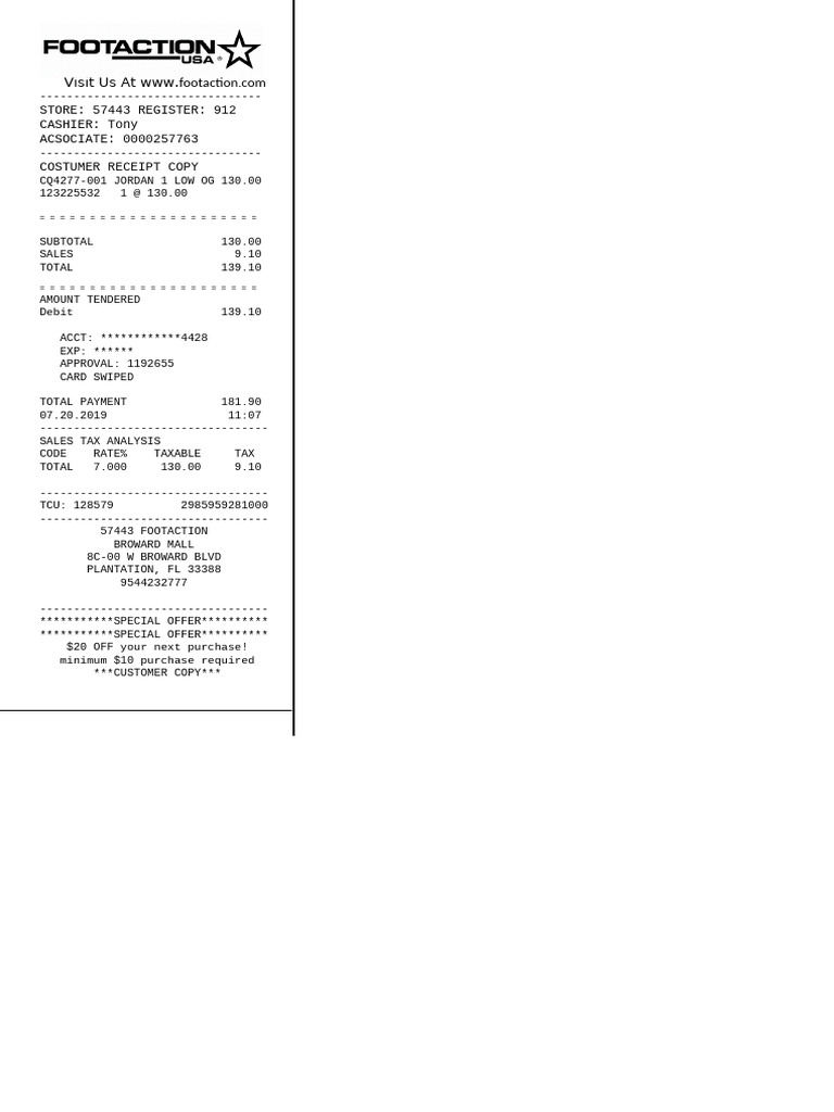 Footaction Customer Receipt Summary | PDF