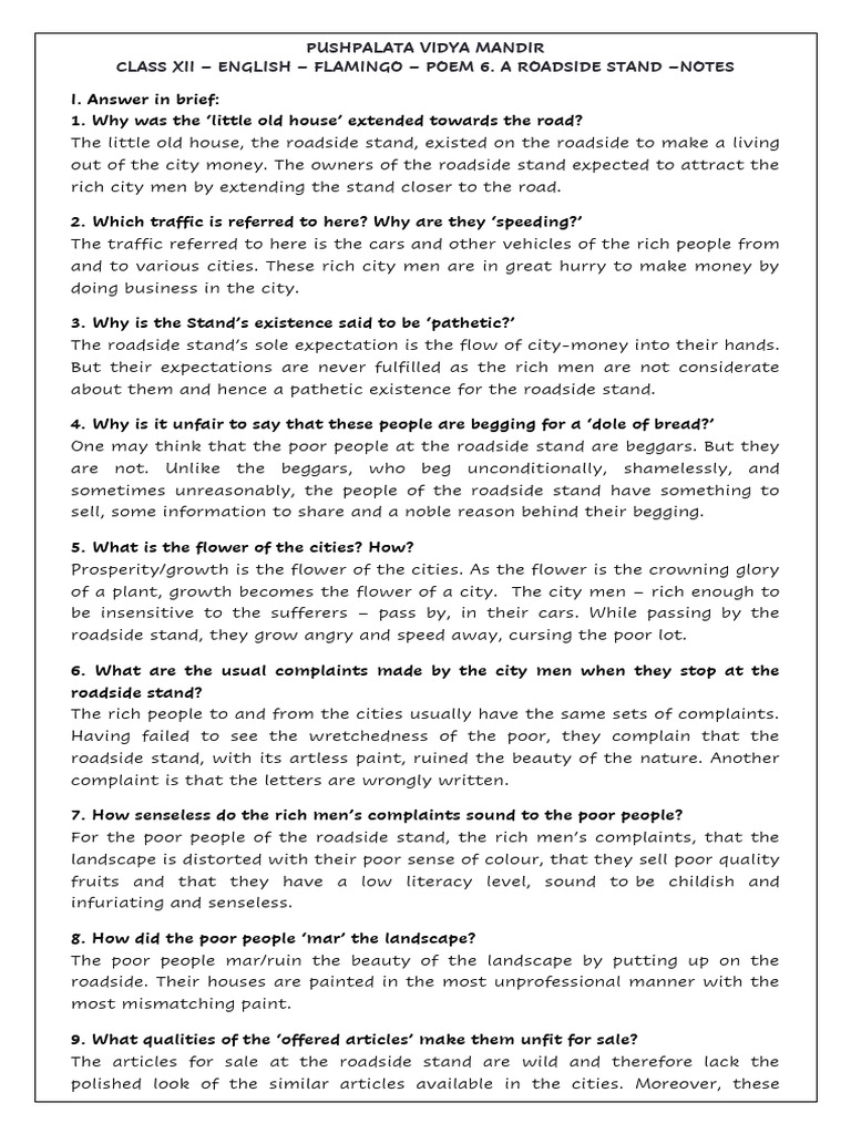 Class Xii - Flamingo 5. The Roadside Stand - Notes - Done | PDF ...