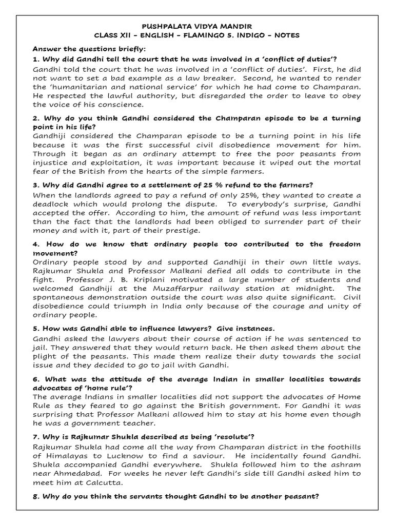 Class Xii - Flamingo 5. Indigo - Notes - Done | PDF | Mahatma Gandhi