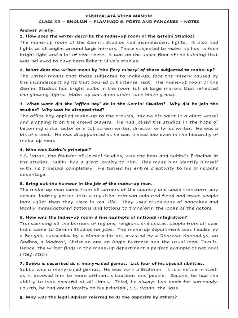 Class Xii - Flamingo - Poets and Pancakes - Notes - Done | PDF | Art