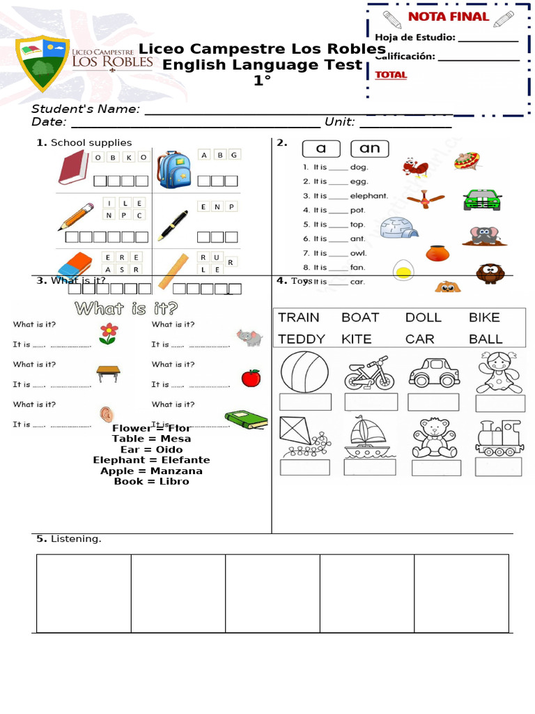 English Language Test 1° | PDF