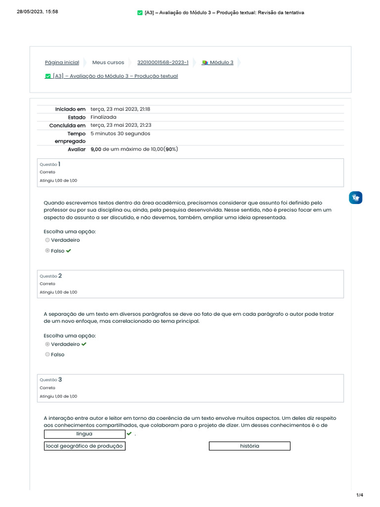 A3 Avaliacao Do Modulo 3 Producao Textual Revisao Da Tentativa Pdf 
