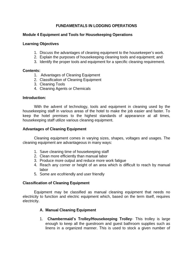 Housekeeping Tools and Equipment Overview | PDF | Housekeeping | Vacuum ...