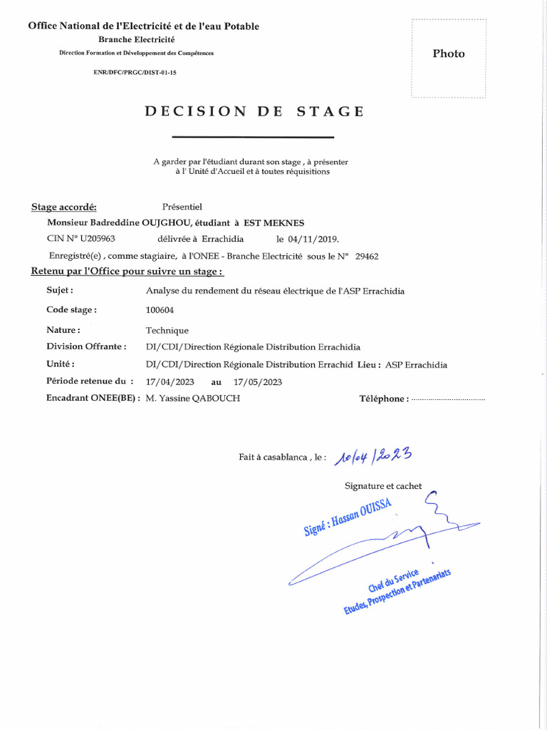 Décision de Stage de M. Badreddine OUJGHOU | PDF