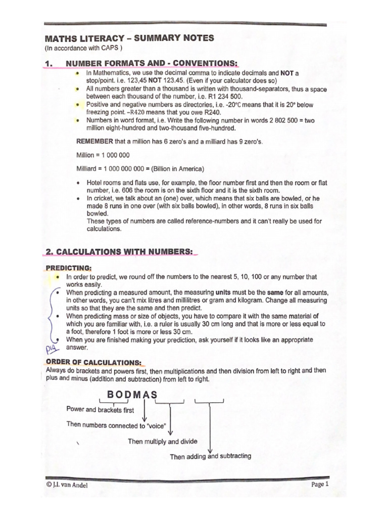 MATHS LITERACY - SUMMARY NOTES | PDF