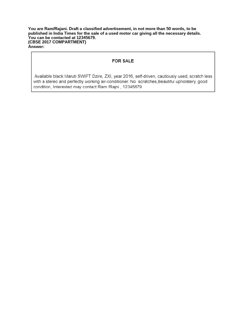 Classified Ad: Used Car for Sale | PDF