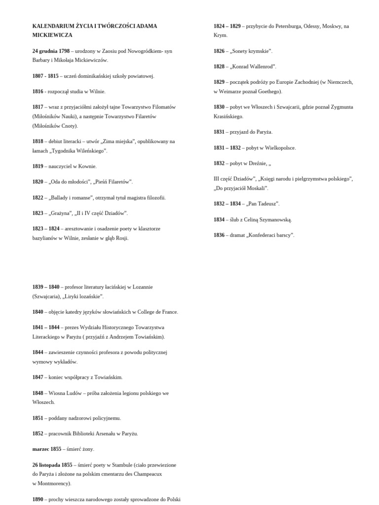 Kalendarium Życia I Twórczości Adama Mickiewicza | PDF