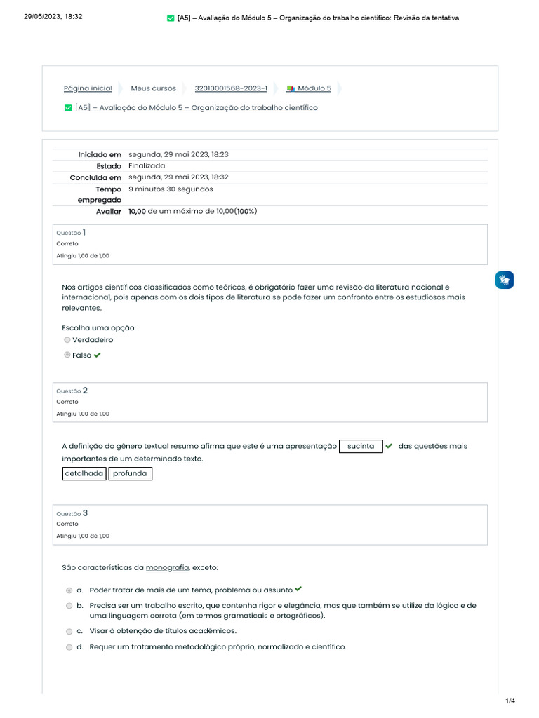 A5 Avaliacao Do Modulo 5 Organizacao Do Trabalho Cientifico Revisao Da Tentativa | PDF ...