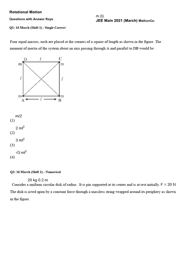 Mathongo Question Rotational Motion Jee Main 2021 March Chapterwise UbU26GxJYvTLJqQhk5ea | PDF ...