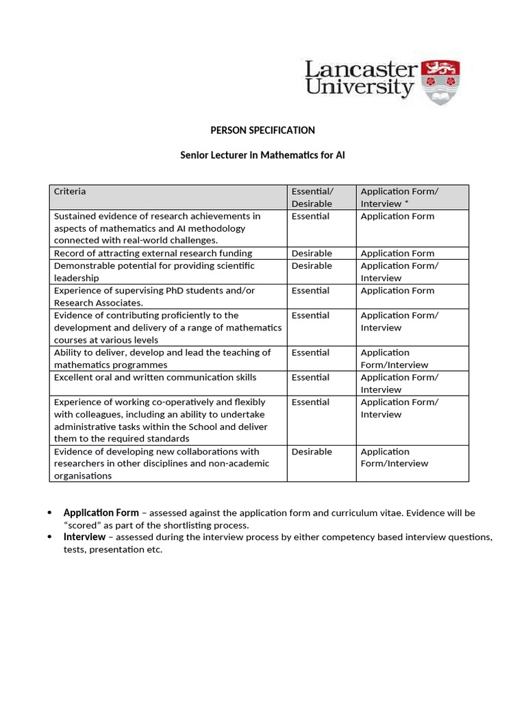 Senior Lecturer Person Specification | PDF
