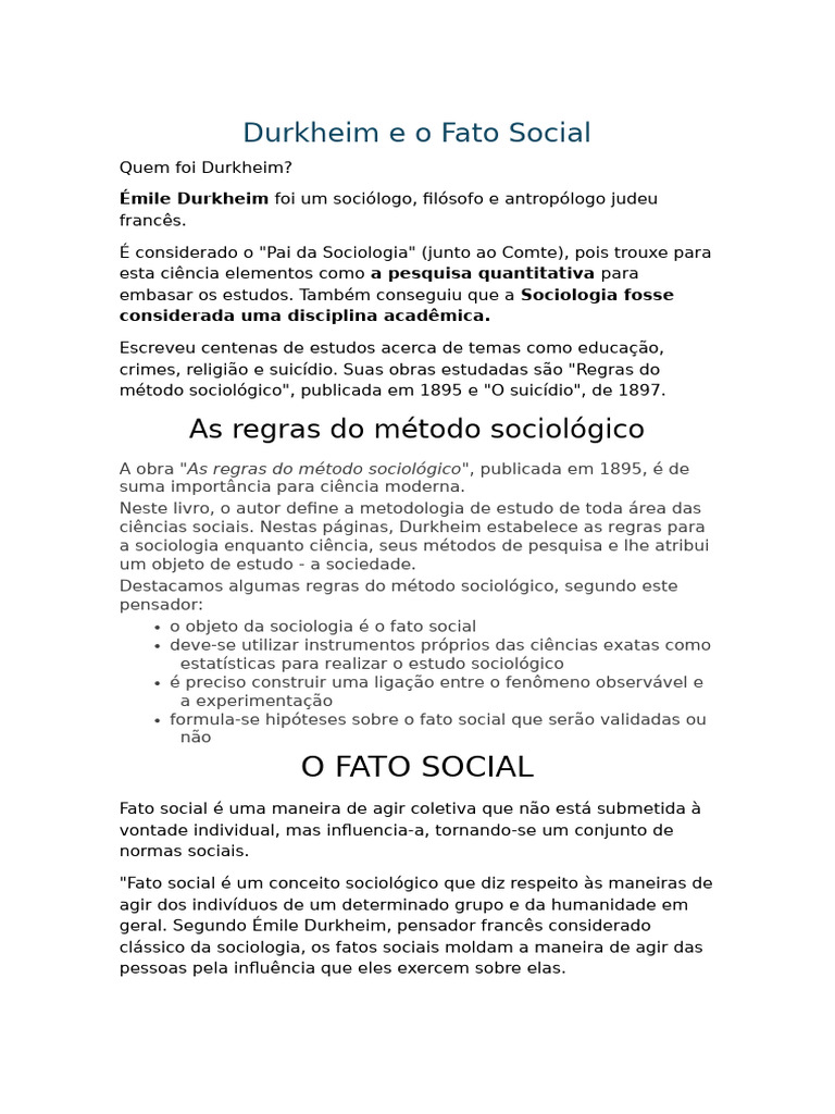 Durkheim e o Fato Social RESUMO CADERNO | PDF | Sociologia | Émile Durkheim