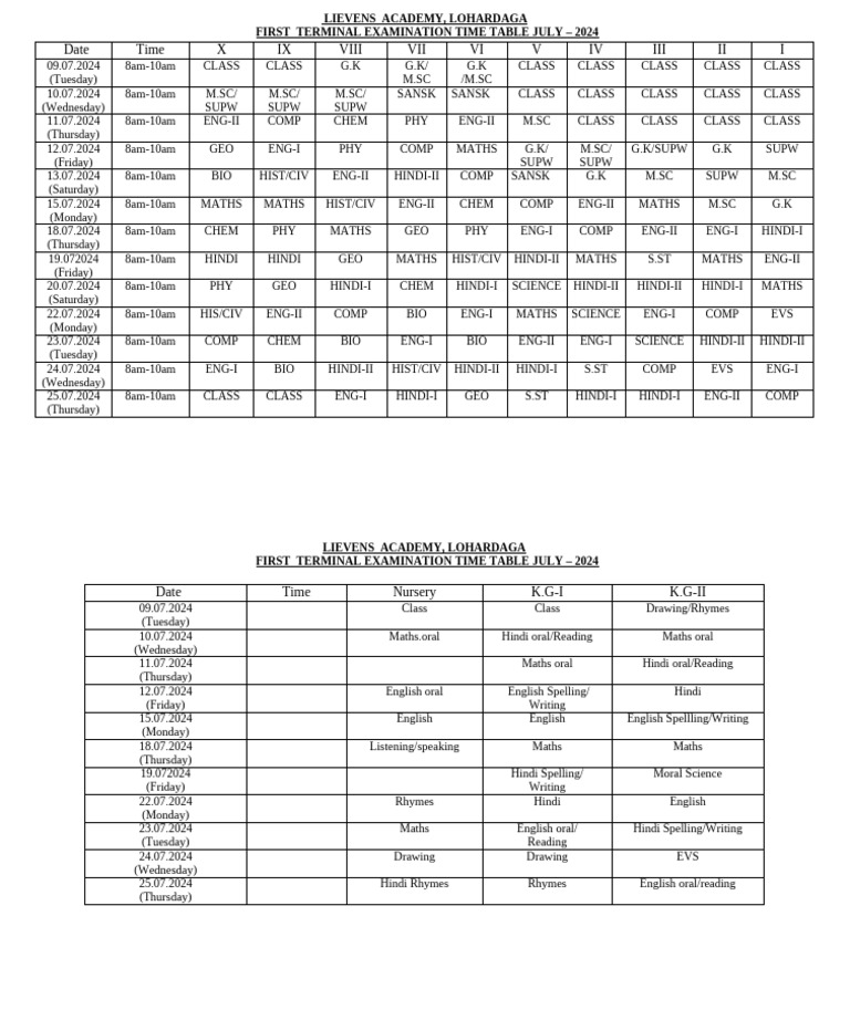 First Terminal Examination Time-table | PDF