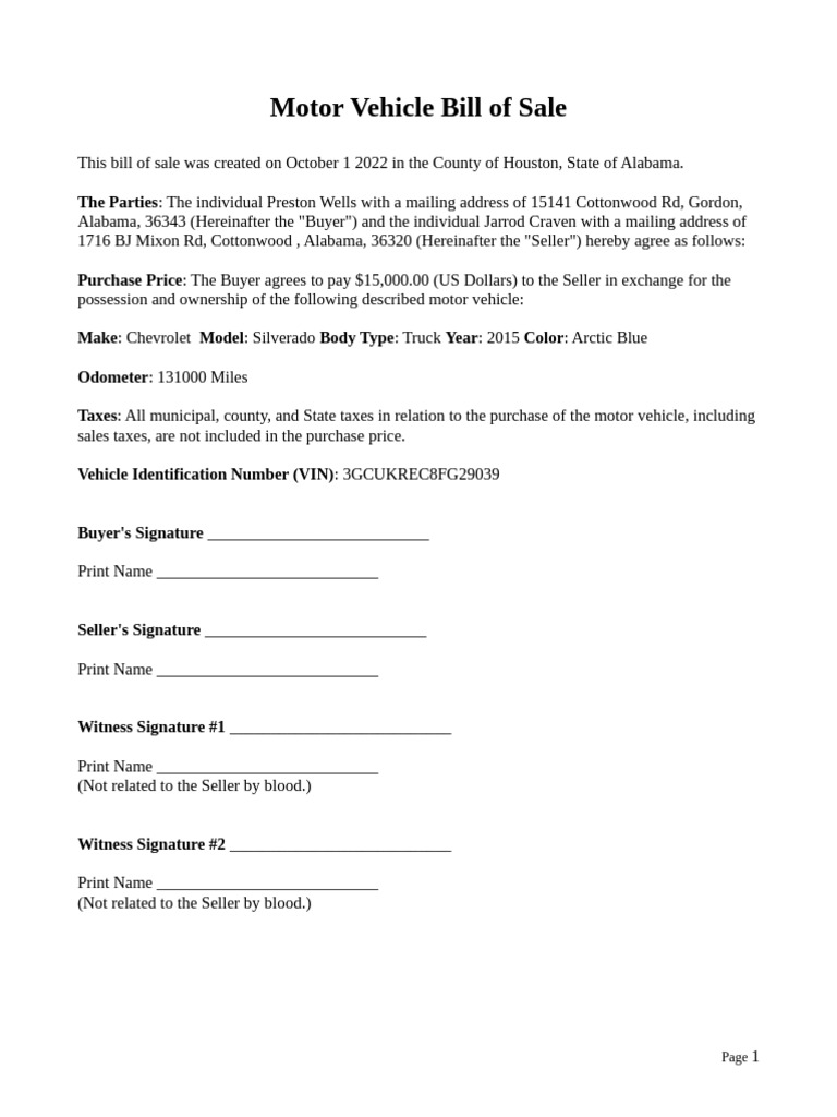 Alabama Motor Vehicle Bill of Sale - 2022 - 10 - 01 | PDF | Motor ...