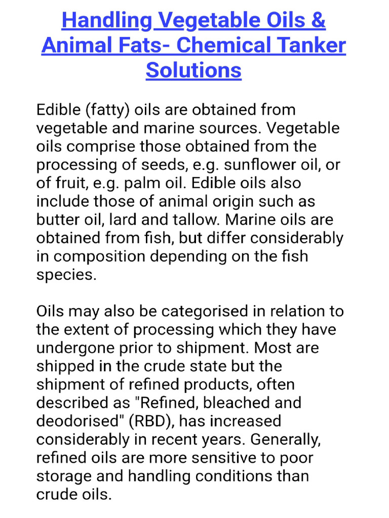 Handling Vegetable Oil and Animal Fat | PDF