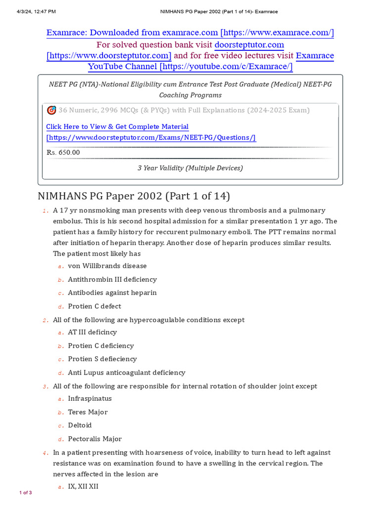 NIMHANS PG Paper 2002 Part 1 | PDF | Medical Specialties | Diseases And ...