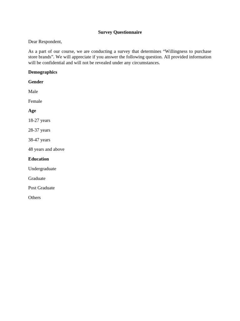 RP 1 Survey Questionnaire | PDF | Brand | Customer