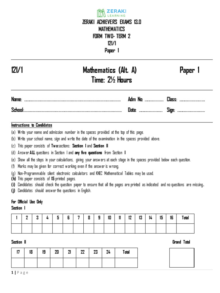 Zeraki Achievers Exams Form 2 Term 2 | PDF | Geometry | Mathematics