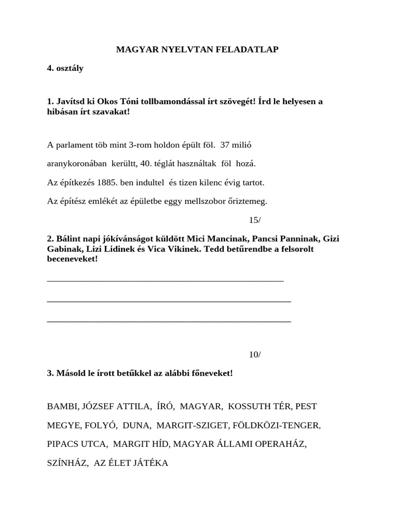 Magyar Nyelvtan Feladatlap 4.o | PDF