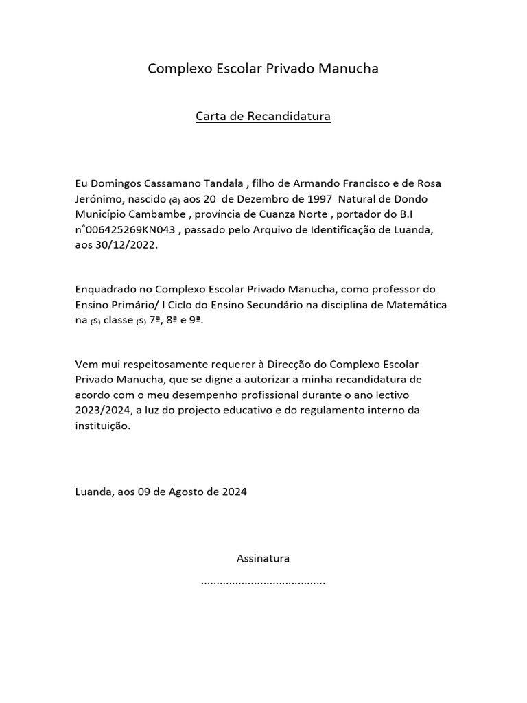 Complexo Escolar Privado Manucha Recandidatura - 091810 | PDF