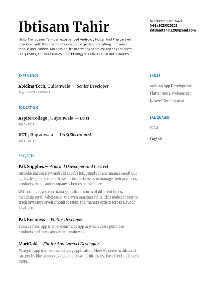 Ibtisam Tahir Resume | PDF | Mobile App | Android (Operating System)