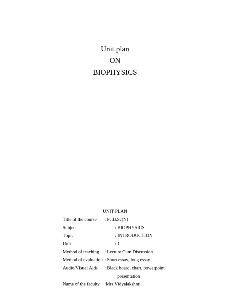 Biophysics Unit Plan for Nursing Students | PDF