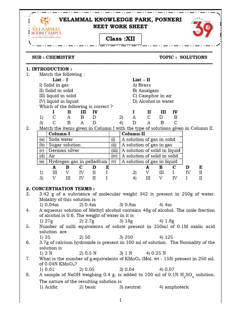 Solutions - Chemistry - Neet Work Sheet | PDF | Vapor | Chemical Substances