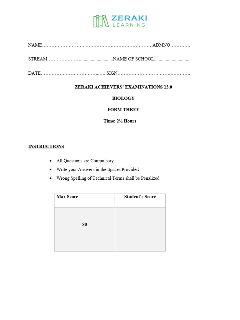 Biology Question Paper Zeraki Achievers 13.0 - July 2024 | PDF | Biology