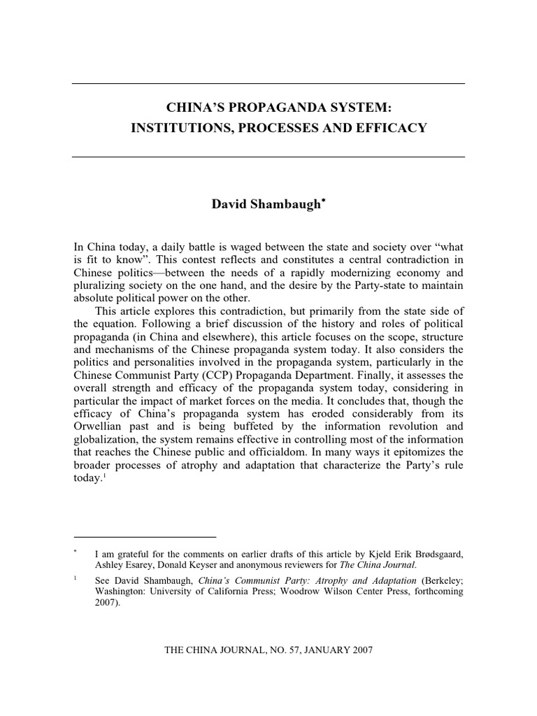 China S Propaganda System Institutions, Processes and Efficacy - David Shambaugh | PDF | Hu ...