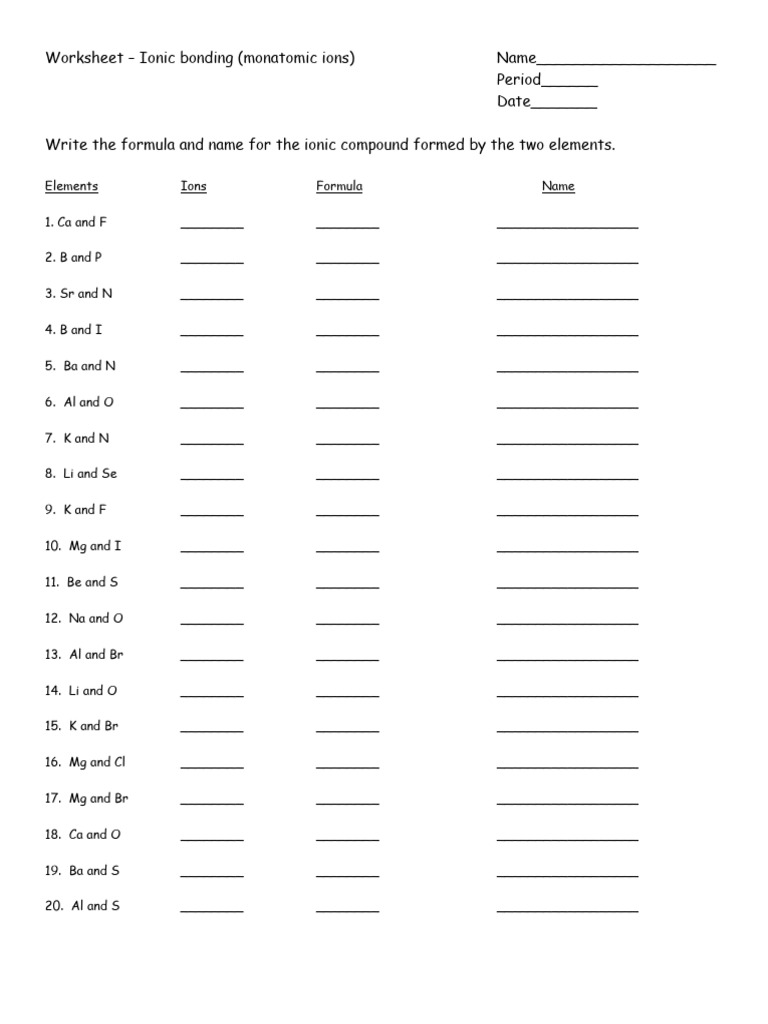 Worksheet Ionic Bonding - Monatomic Ions - 2015-2016 | PDF | Ionic ...
