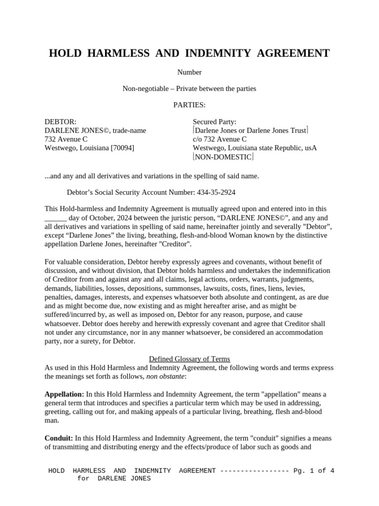 Hold Harmless and Indemnity Agreement: Appellation | PDF | Indemnity ...