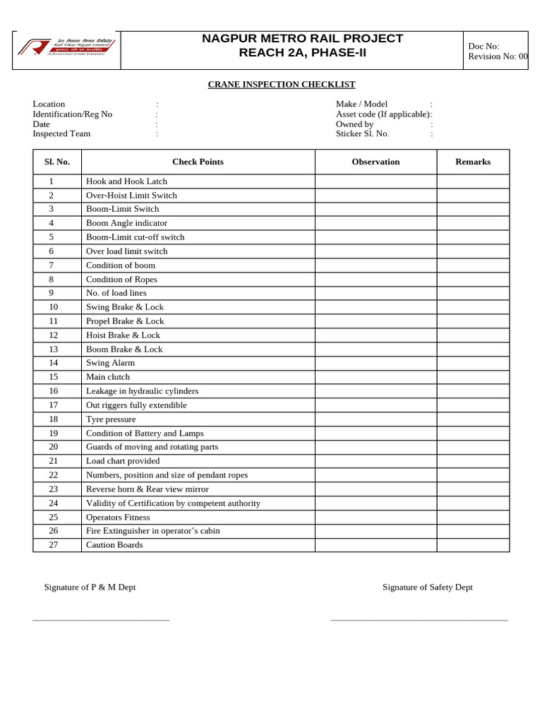 Crane Inspection Checklist Pdf