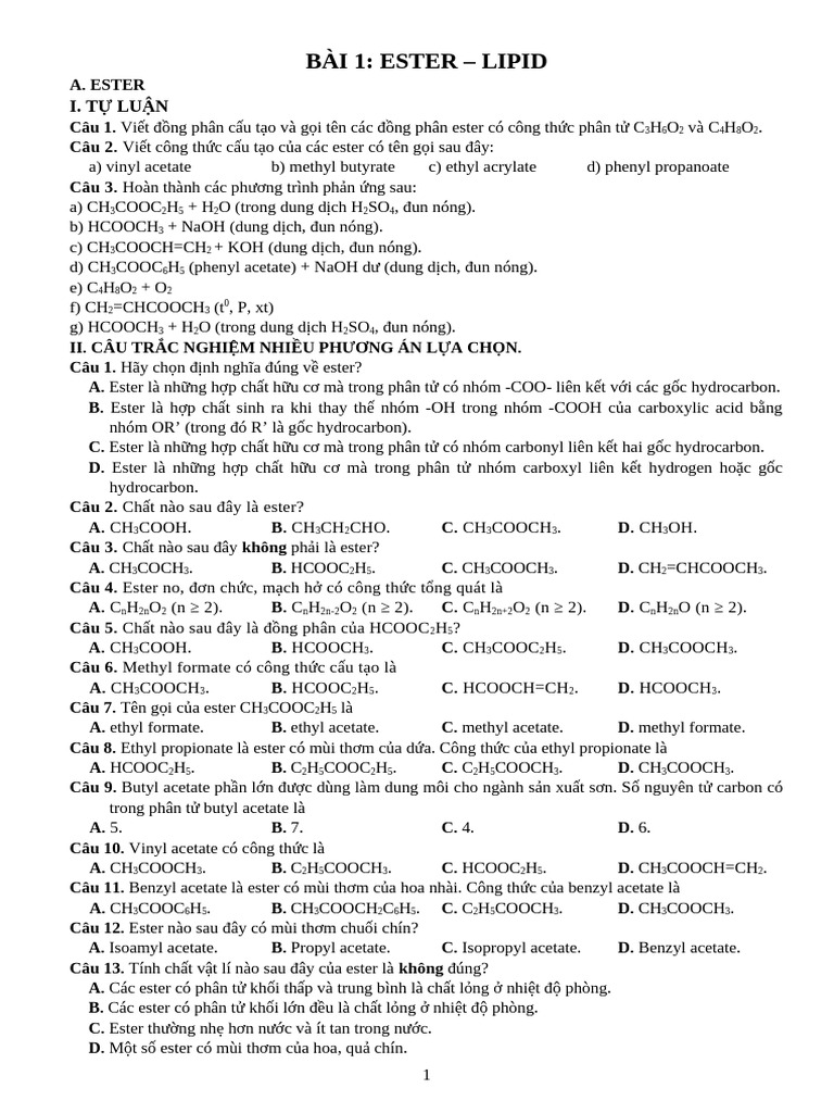 Chương 1. Ester - Lipid | PDF
