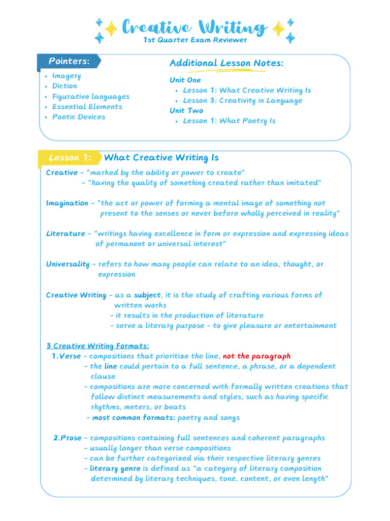 Creative Writing - 1st Quarter Exam Reviewer | PDF | Poetry | Metre (Poetry)