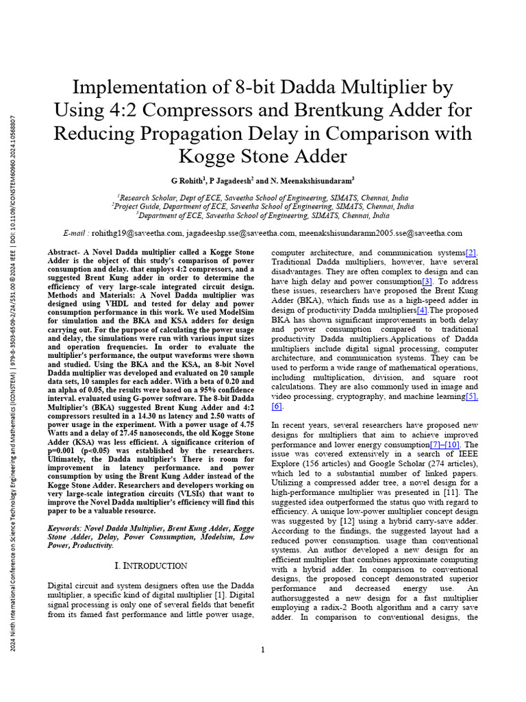 VLSI Efficiency: Dadda Multiplier Study | PDF | Computer Engineering | Electronics