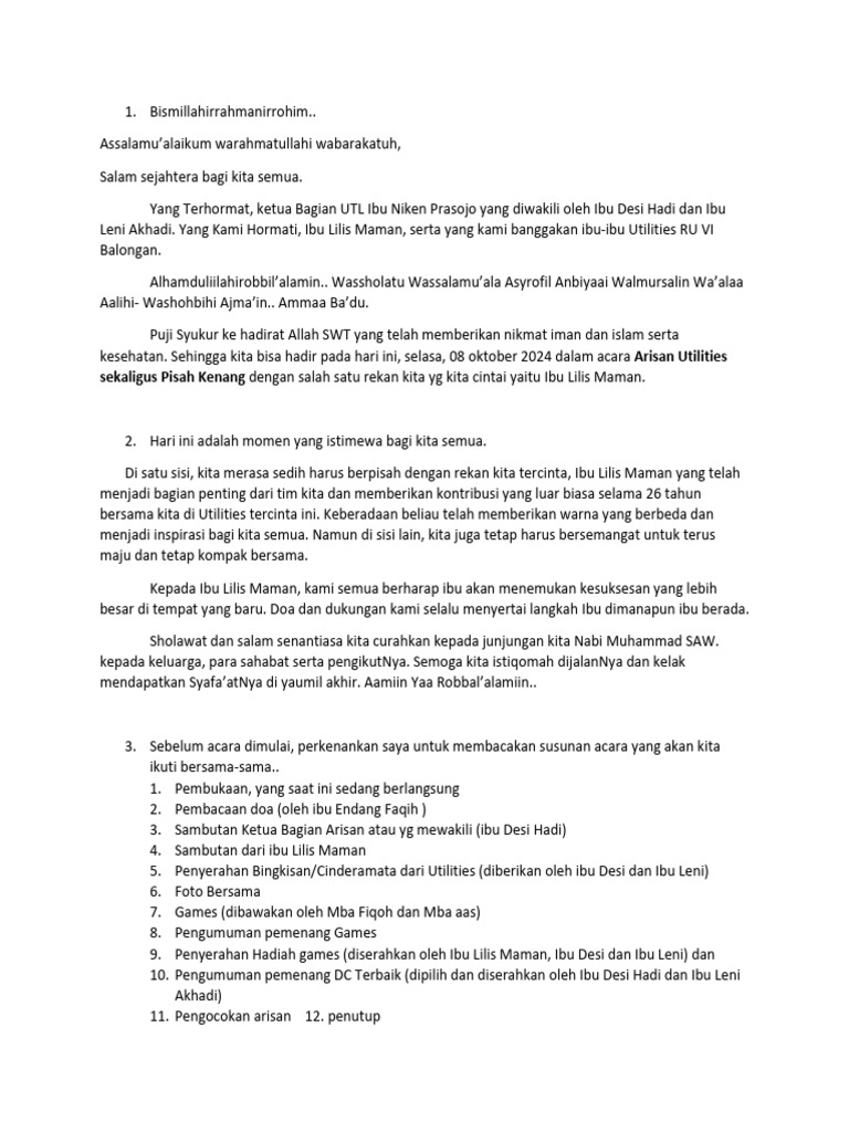 Teks MC Arisan Dan Pisah Kenang Ibu Maman (Oktober 2024) Fix Print | PDF | Olahraga & Rekreasi